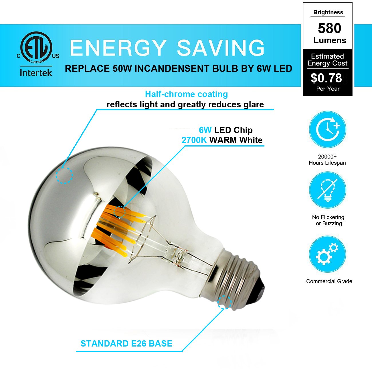 Half Chrome Light Bulb Dimmable LED Filament Vintage Bulb with Mirror 6W (60W Equivalent) G80/G25 E26 Medium Base Warm White 2700K