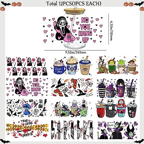 UV DTF Cup Wrap, Transfer Stickers for Glass Cups,UV DTF Cup Wrap Transfer Cup Stickers Decals Waterproof Rub on Transfers for Crafts Vintage(Halloween Series-12Sheets)