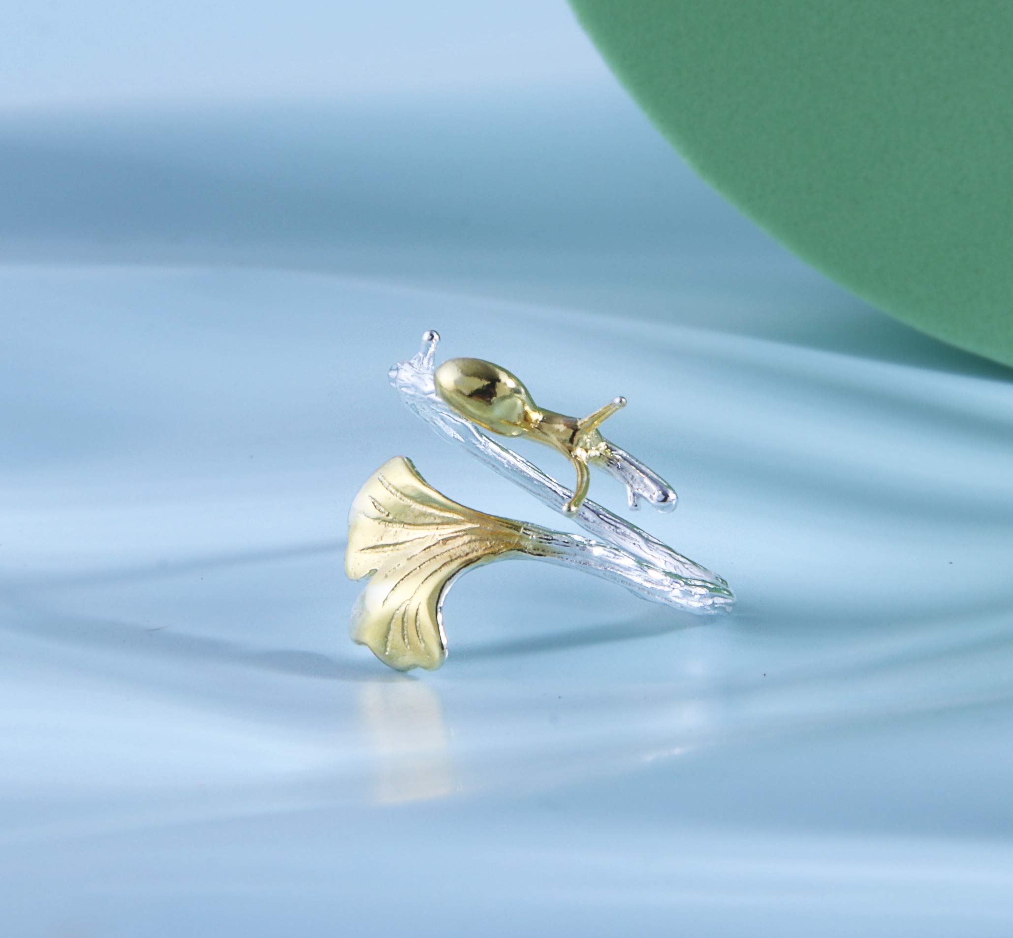 Helen de Lete Snail On Ginkgo Leaf 925 Sterling Silver Open Ring For Women