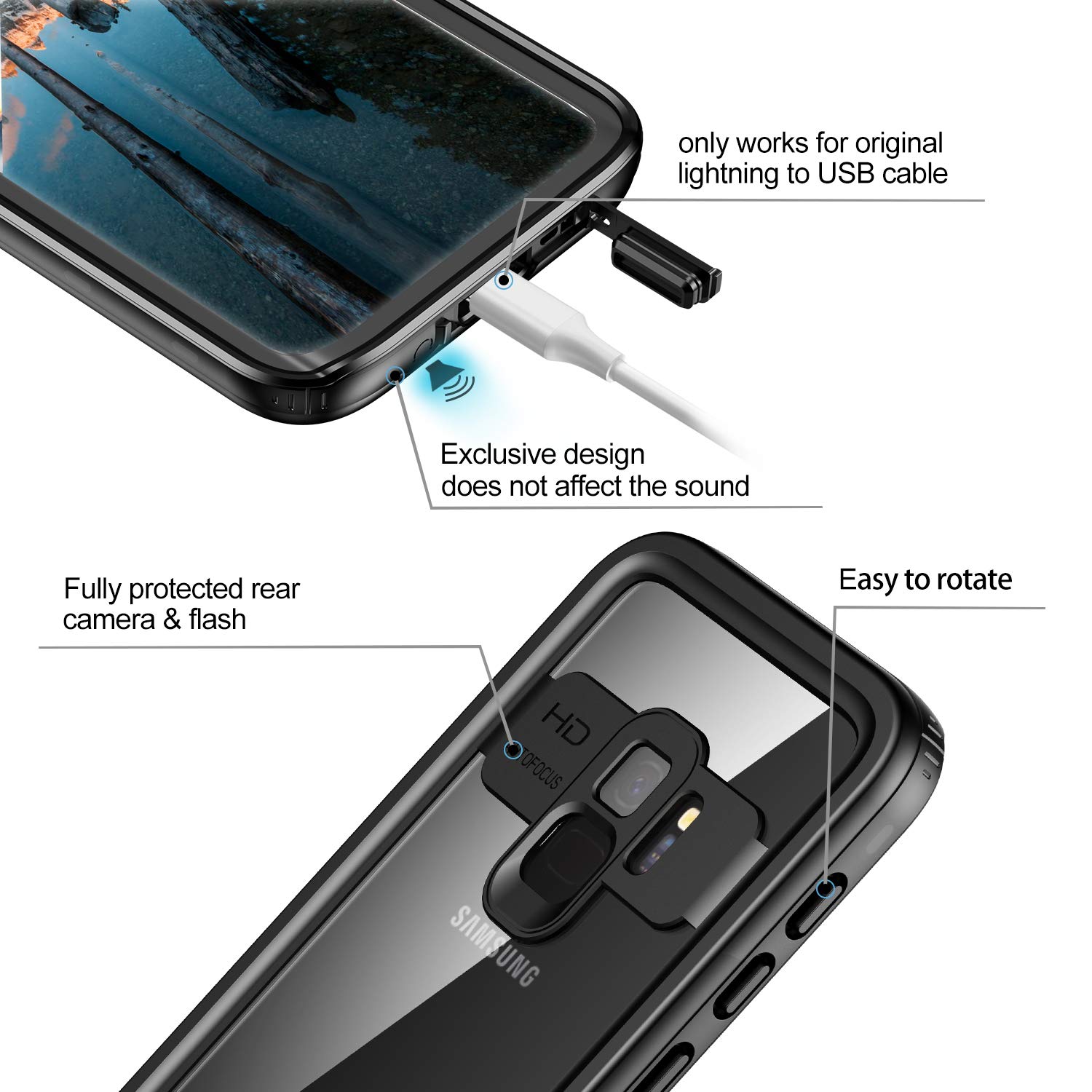 Janazan Samsung Galaxy S9+ Plus Waterproof Case, IP68 Full Sealed Underwater Protective Cover, Waterproof Shockproof Snowproof Dirtproof with Built-in Screen Protector 6.2 inch 2018 (Black)