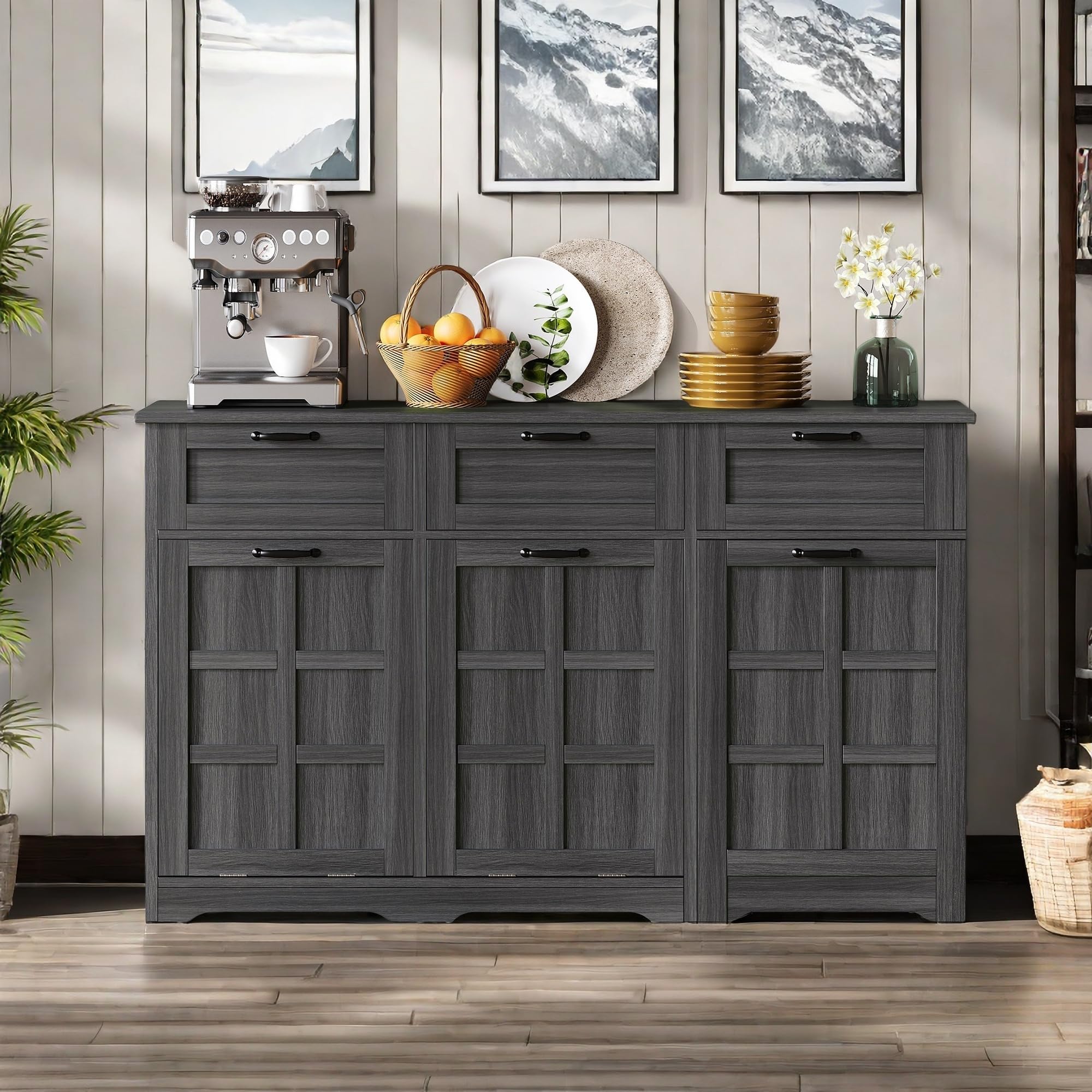 YITAHOME Kitchen Garbage Cabinet, Suitable for Two 10-Gallon Trash Cans, Storage Cabinet with 3 Layers, Three Drawers, Space-Savvy Design, Efficient Storage Options, White Oak