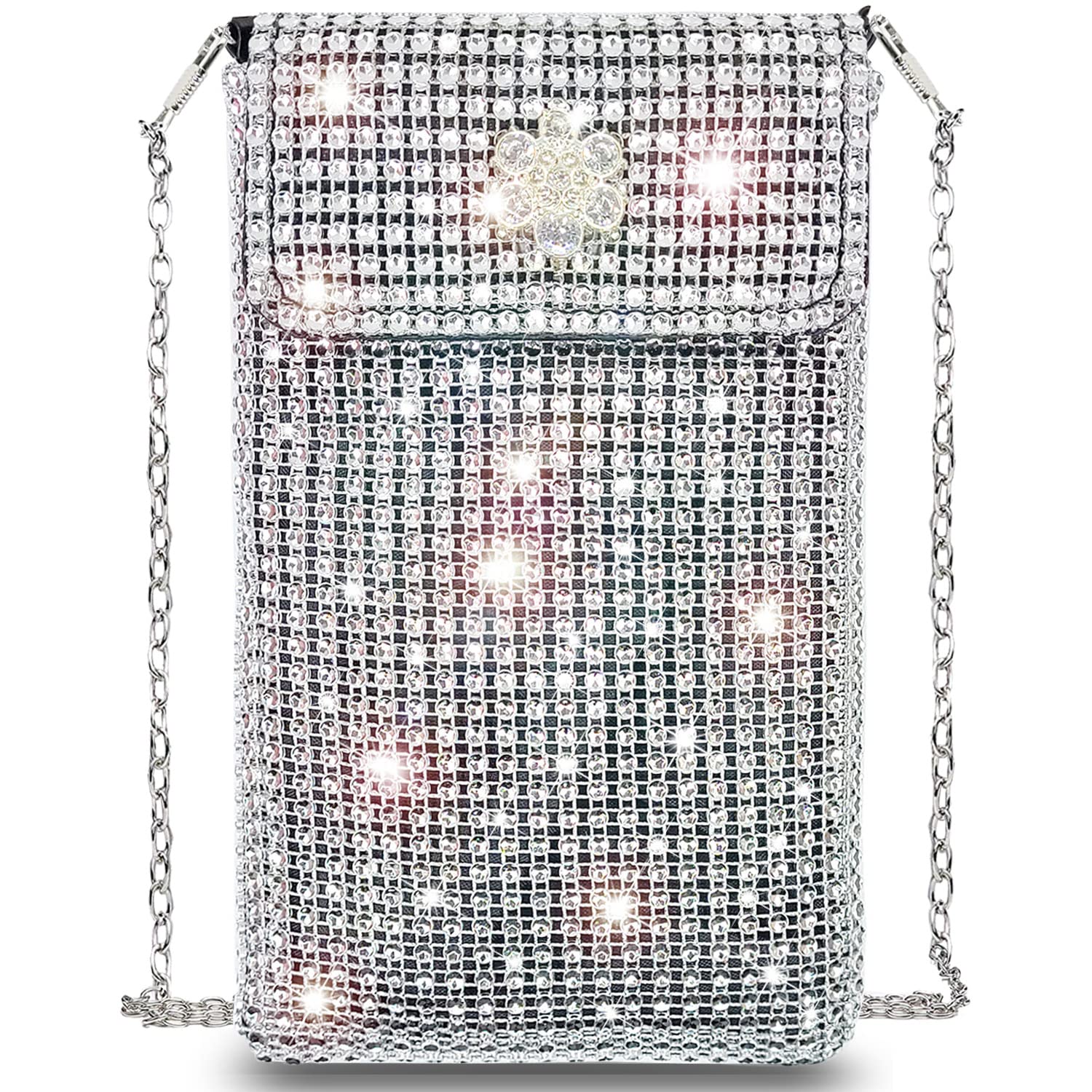 HoHeMoYi Bling Crossbody Purse Rhinestone Evening Handbags Clutch Cell Phone Wallet (Silver)