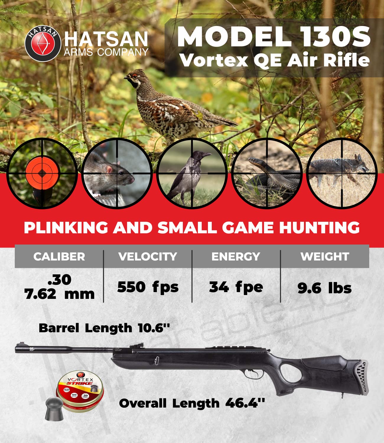 Hatsan Mod 130S Carnivore .30 Cal 600 FPS / 34 FPE - Big bore Break Barrel Air Rifle .30 Caliber w/Vortex Piston & QuietEnergy (QE)| Medium Game air Gun + Wearable4U Pack of 100x Pellets Bundle