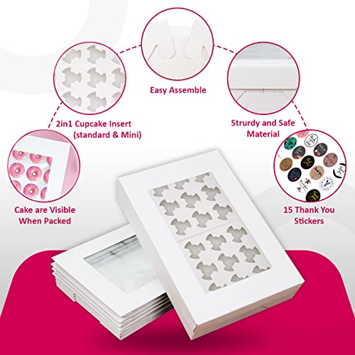 VTPT Ecom - 5PK Cupcake Box with Window for 24 Standard or Mini Cupcakes Corrugated Adjustable Height Bakery box ideal for Muffins Cake Cookies Donuts Pies Desserts and other Pastries + Thank You Stickers