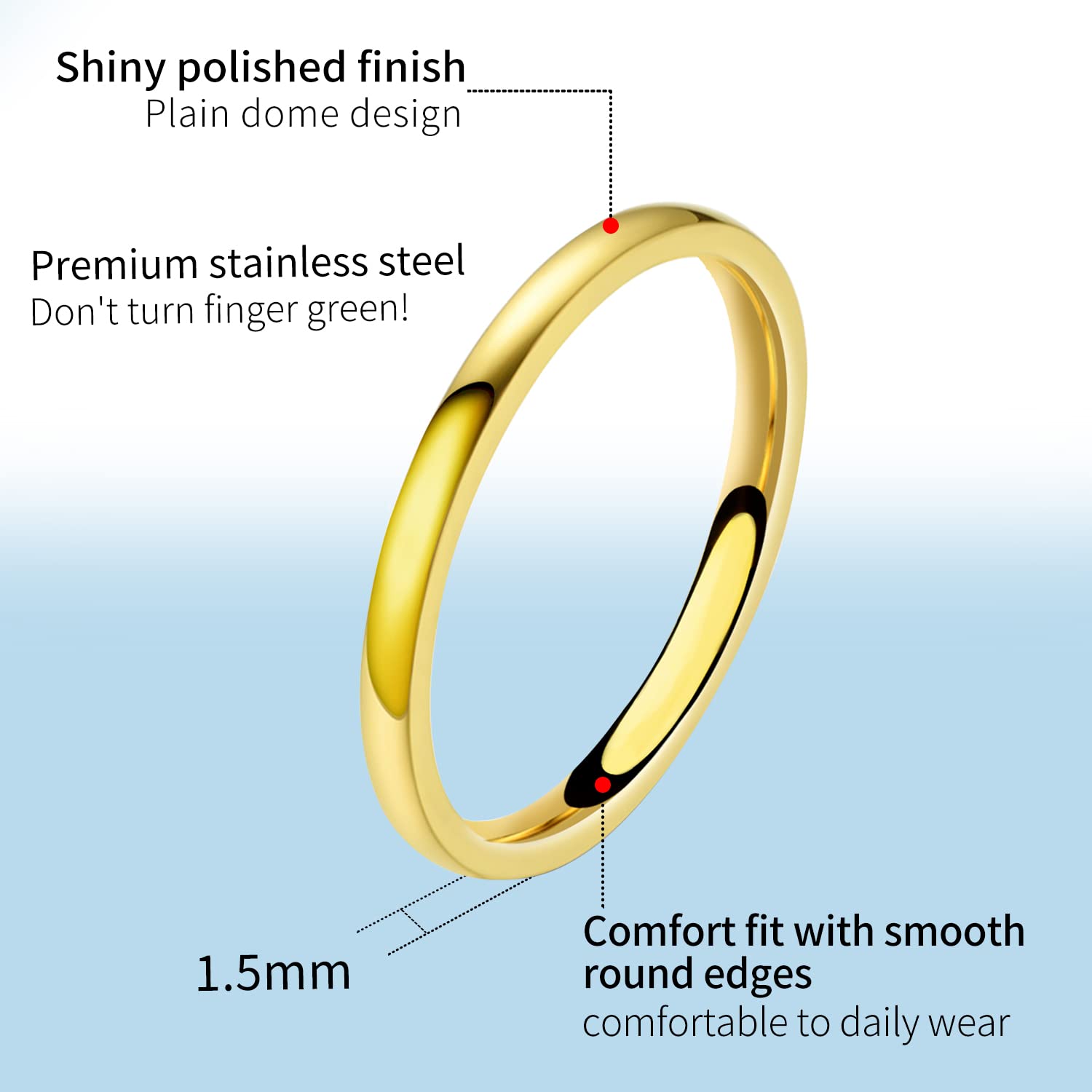 LAOYOU 1.5mm Plain Wedding Band Ring - Stainless Steel Basic Thin Classical Stackable Ring for Women, Women’s Simple Dainty Hypoallergenic Non-Tarnished Ring Gold Color Size 7