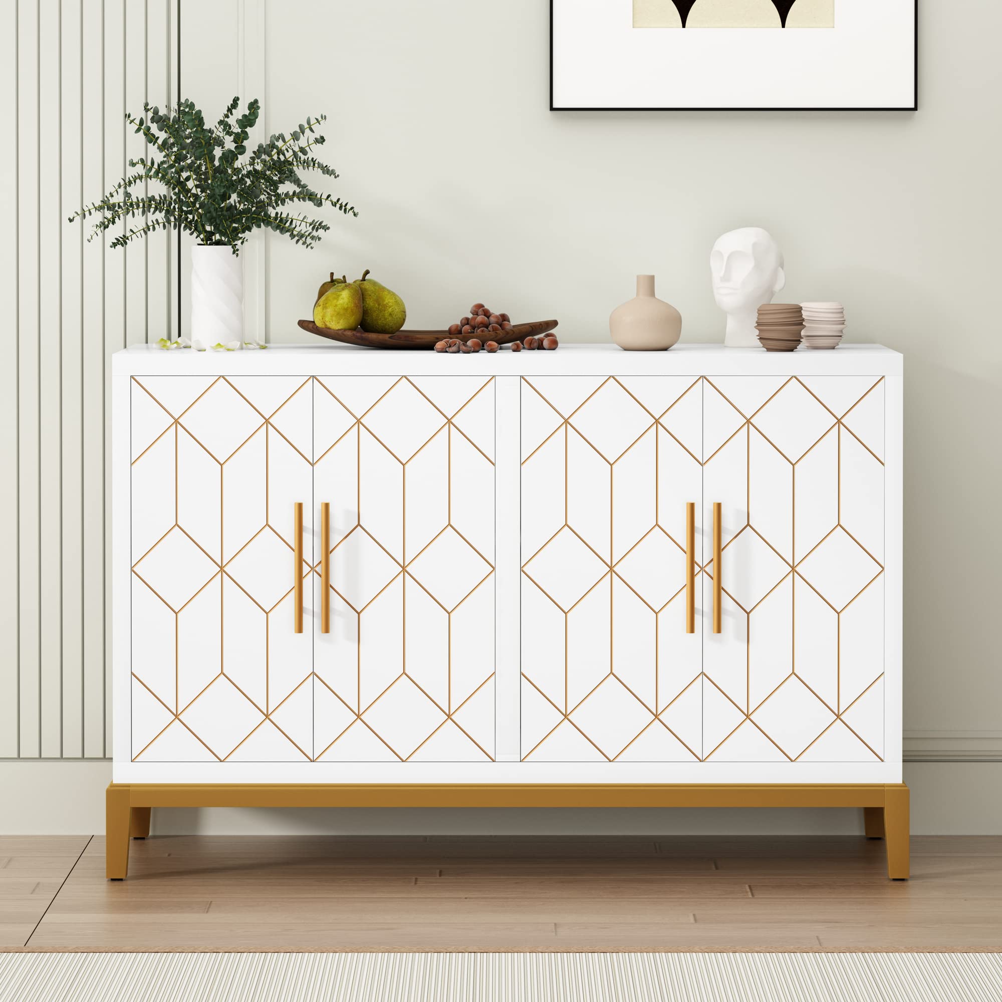 HLR Accent Cabinet with 4 Doors and Shelves, Sideboard Buffet Cabinet with Gold Lines, Modern Credenza Storage Decorative Cabinet for Living Room, Entryway, Kitchen, Dining Room, White