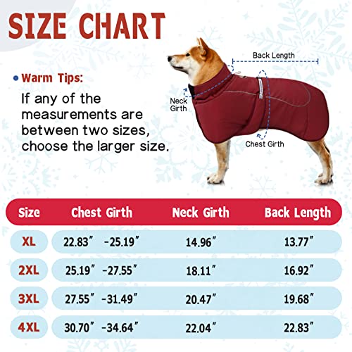 Warm Dog Winter Coat Adjustable Dog Winter Jacket Reflective Dog Snow Jacket Turtleneck Dog Winter Clothes for Large Medium Dogs (XX-Large, Red)