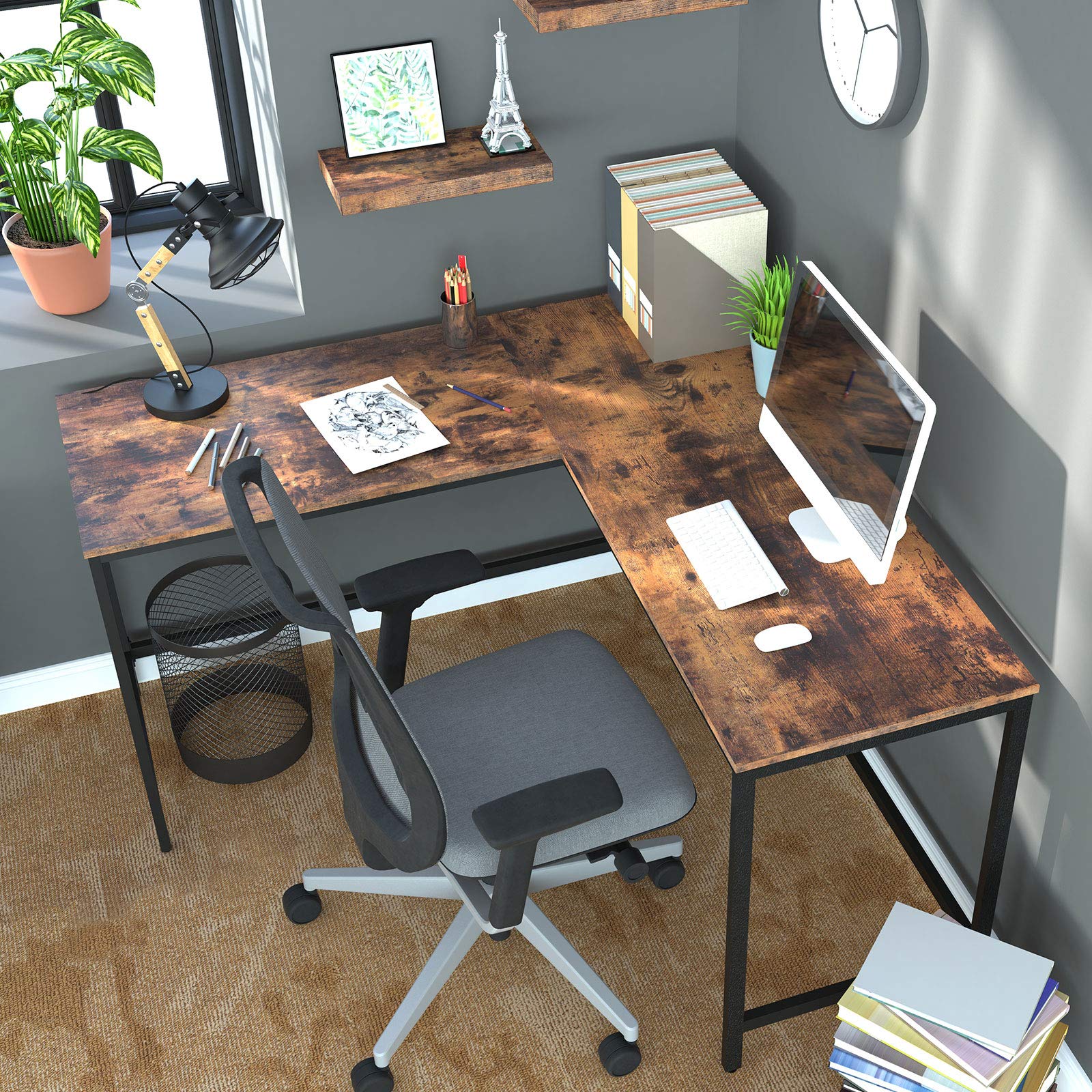 HOOBRO L-Shaped Computer Desk, Industrial Corner Writing Desk, Large PC Laptop Study Table Workstation for Home Office, Space-Saving, Sturdy Metal Frame, Rustic Brown BF30DN01