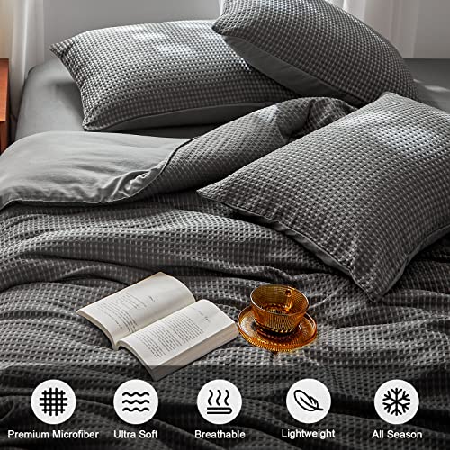 WARMDERN Grey Comforter Set Queen Size Waffle Weave Lightweight Bedding Comforter Sets Soft Microfiber Down Alternative Comforter 7 Pieces Bed in A Bag All Season(Gray, Queen)