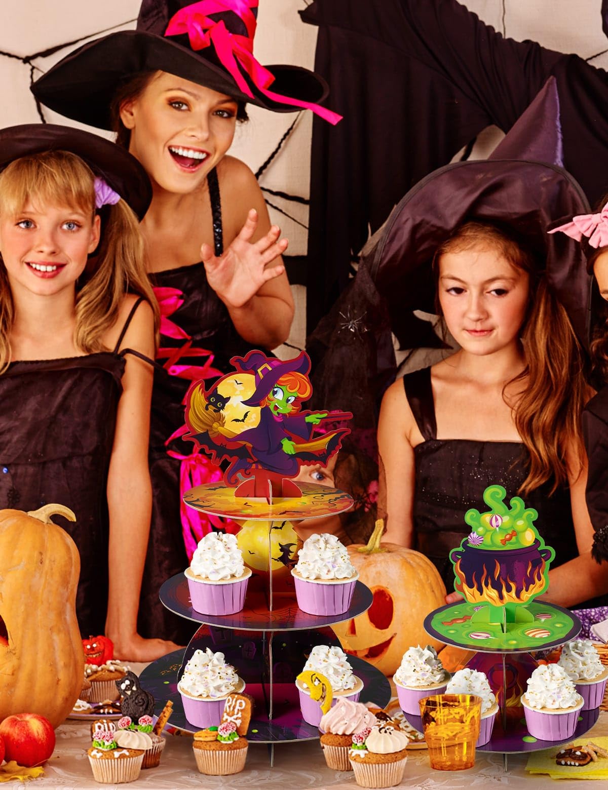 Halloween Cupcake Stand - 2 PCs Halloween Cake Stands Halloween Party Cupcake Decorations Disposable 3 Tier Tray Cake Decorations Kids Witch Halloween Birthday Dessert Tower Cupcake Display Stand