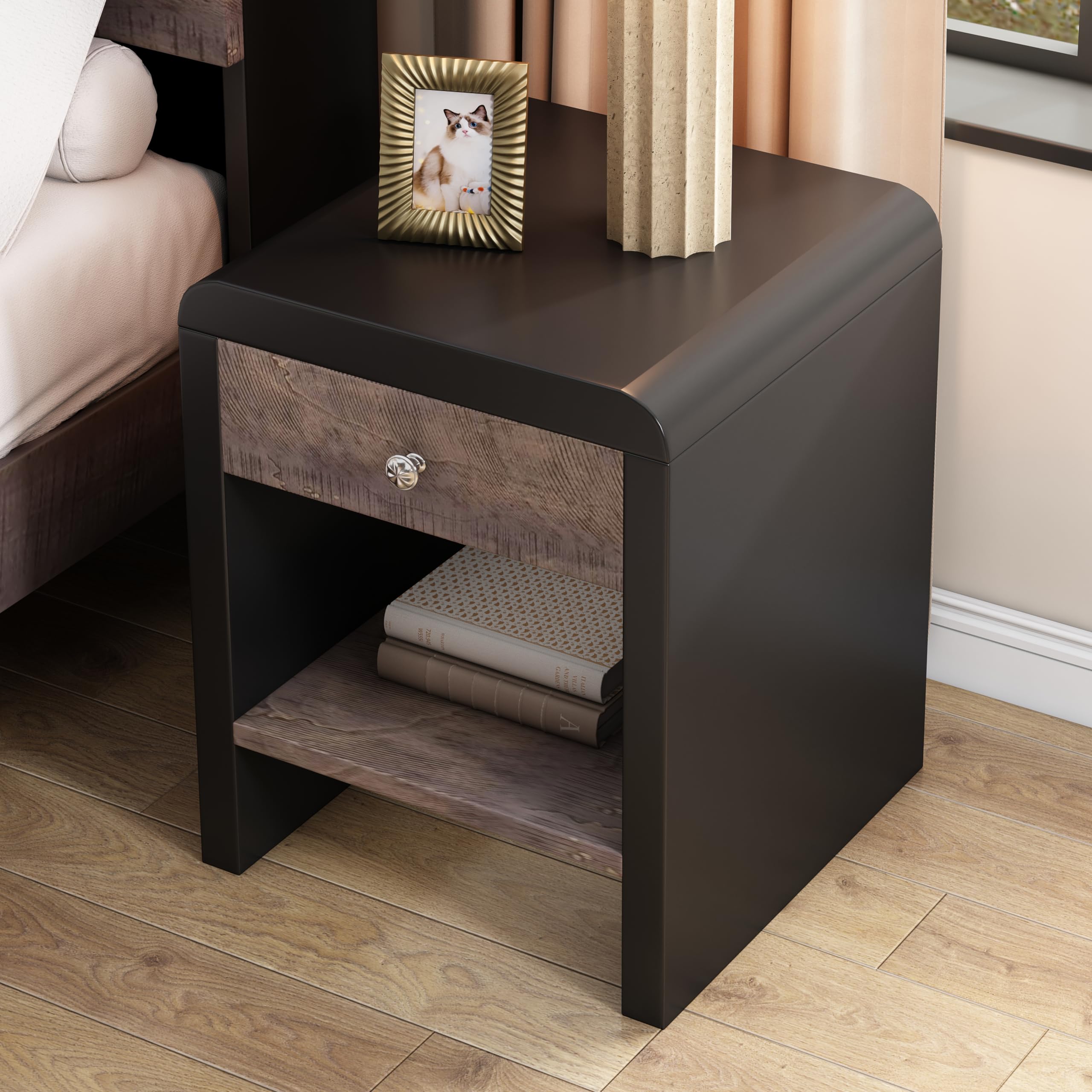 HESIEU Mid-Century Modern Nightstand with Single Drawer and Open Storage Side Table Sofa Table End Table Wood Finish for Bedroom Living Room Office