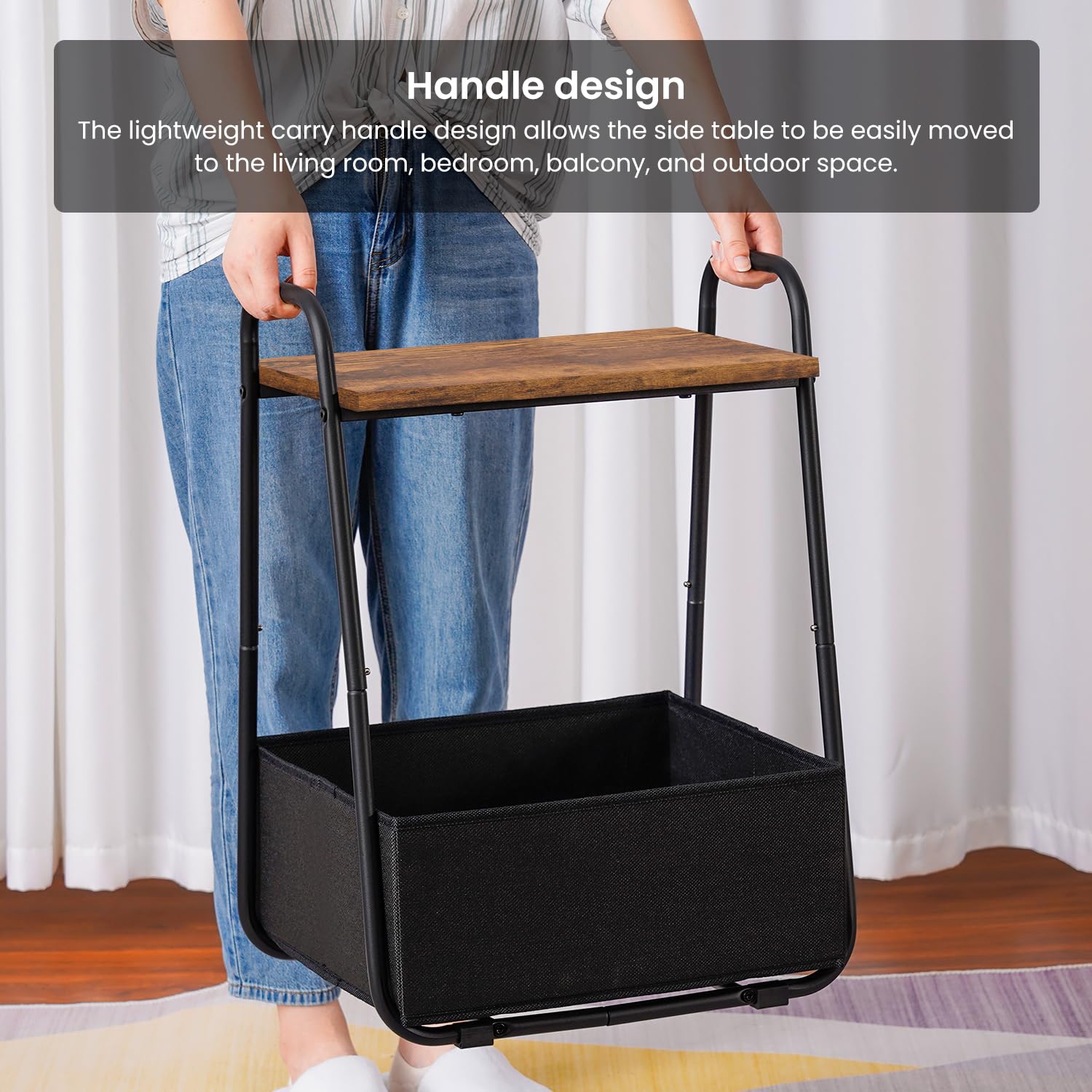 Heybly Side Table Set of 2, Nightstand with Fabric Storage Basket, Sofa End Table with Metal Frame for Living Room, Bedroom, Rustic Brown and Black HET002NSR2