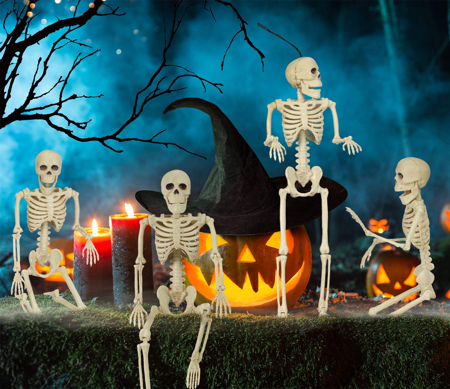 Halloween Hanging Skeleton Ghosts Full Body with Movable Posable Joints Scary Props for Front Yard Patio Lawn Garden Party Décor and Holiday Decorations (5, White)