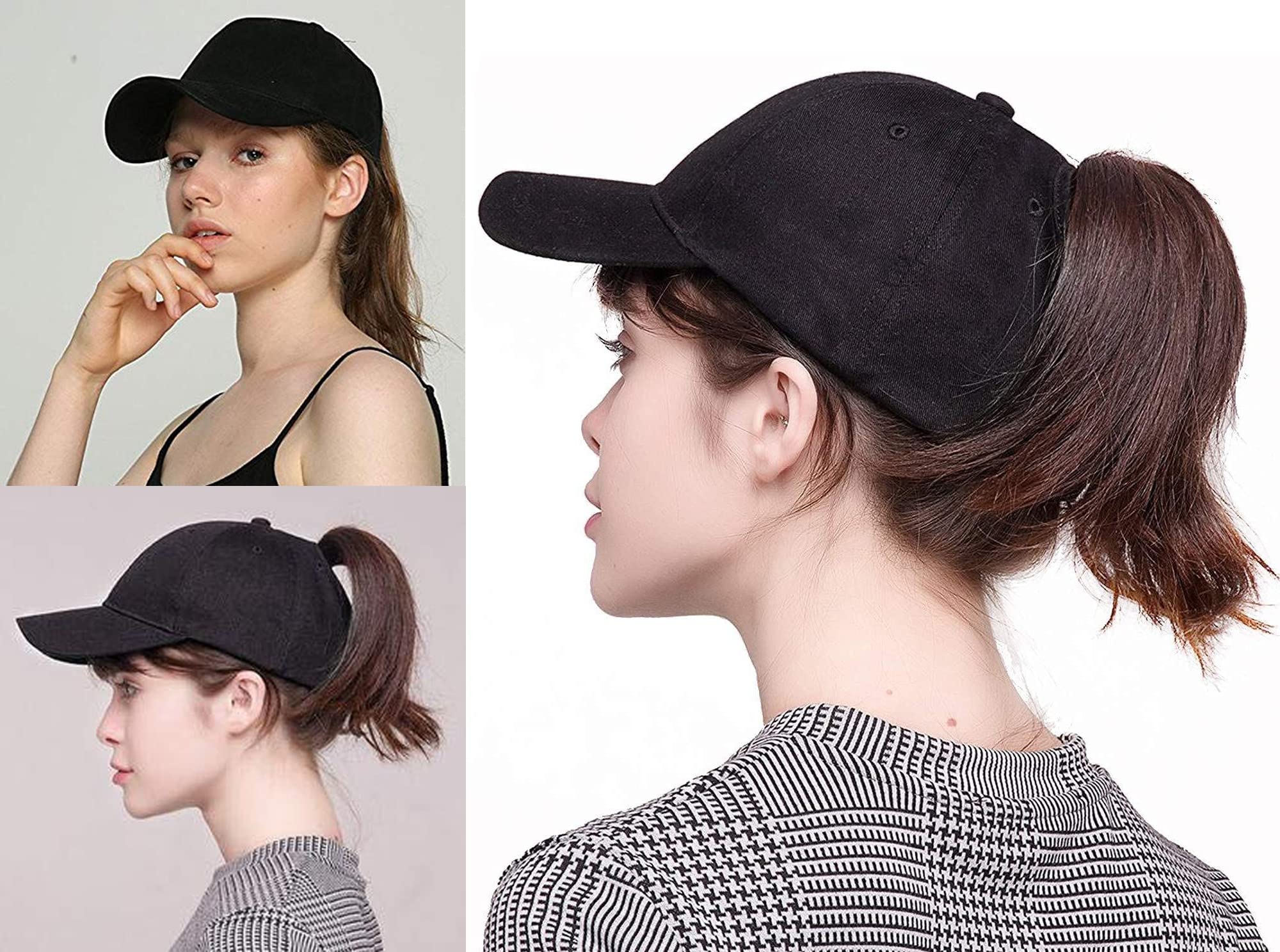 High Ponytail Baseball Hat - Women Messy Bun Hat, Sun Protection Ponycaps Retro Cap Black