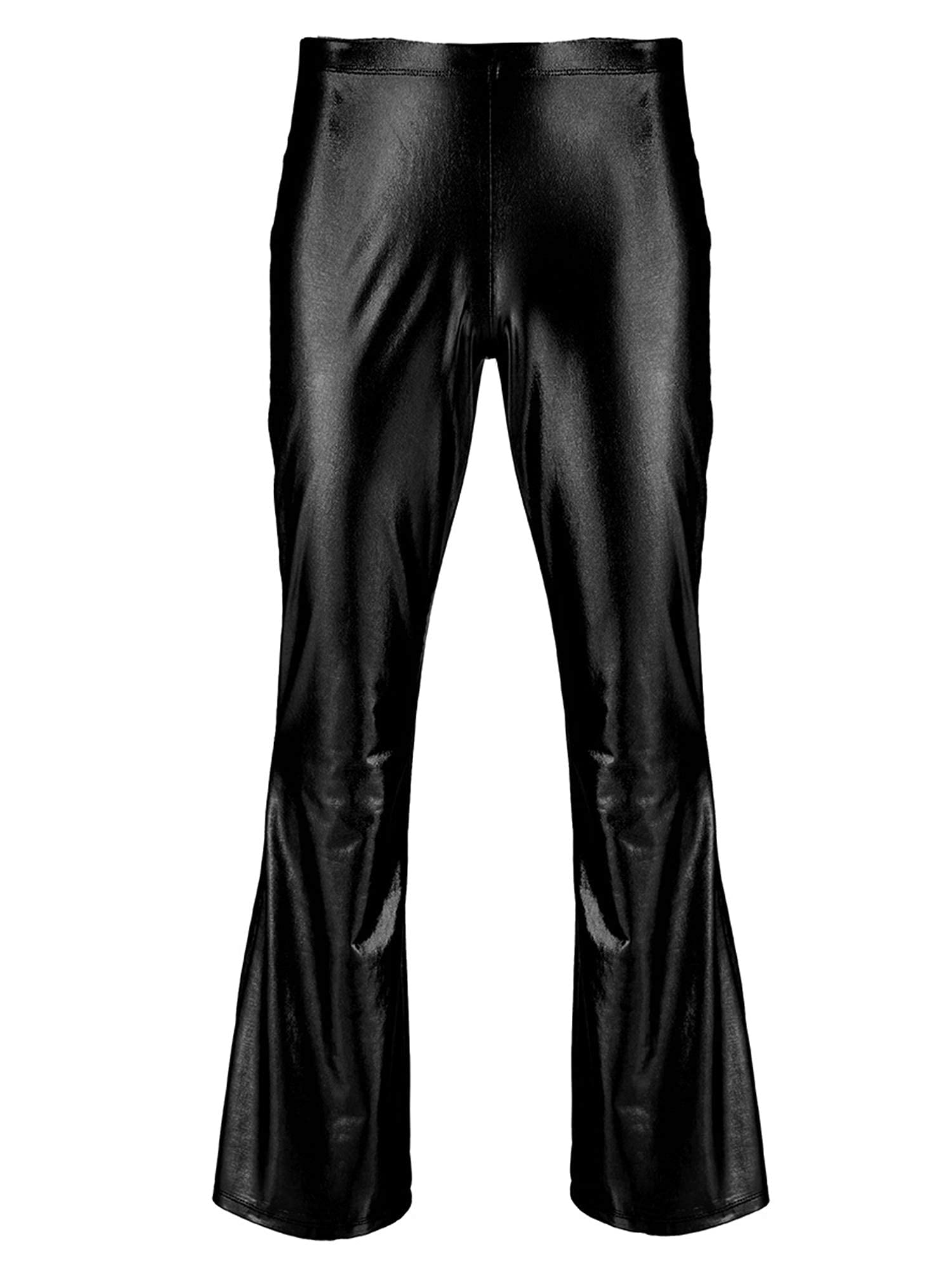 Hedmy Men's Shiny Faux Leather Disco Trousers Bell Bottoms Flared Long Pants Motorcycle Leggings Black Large