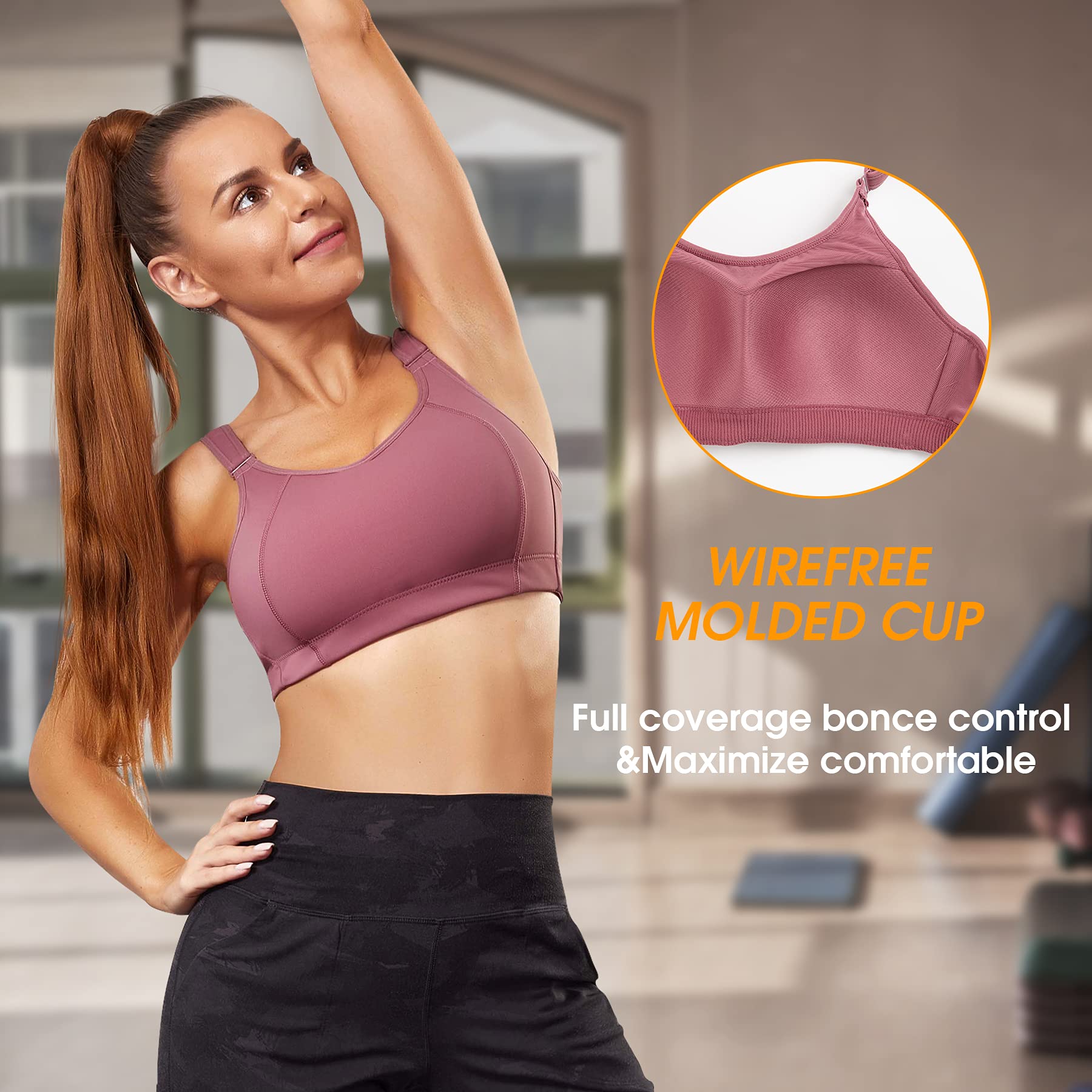 IHHCOXK High Impact Sports Bra for Women Front Adjustable Straps Full Coverage Compression Yoga Bra Wireless Tank Top (Pink, Medium)