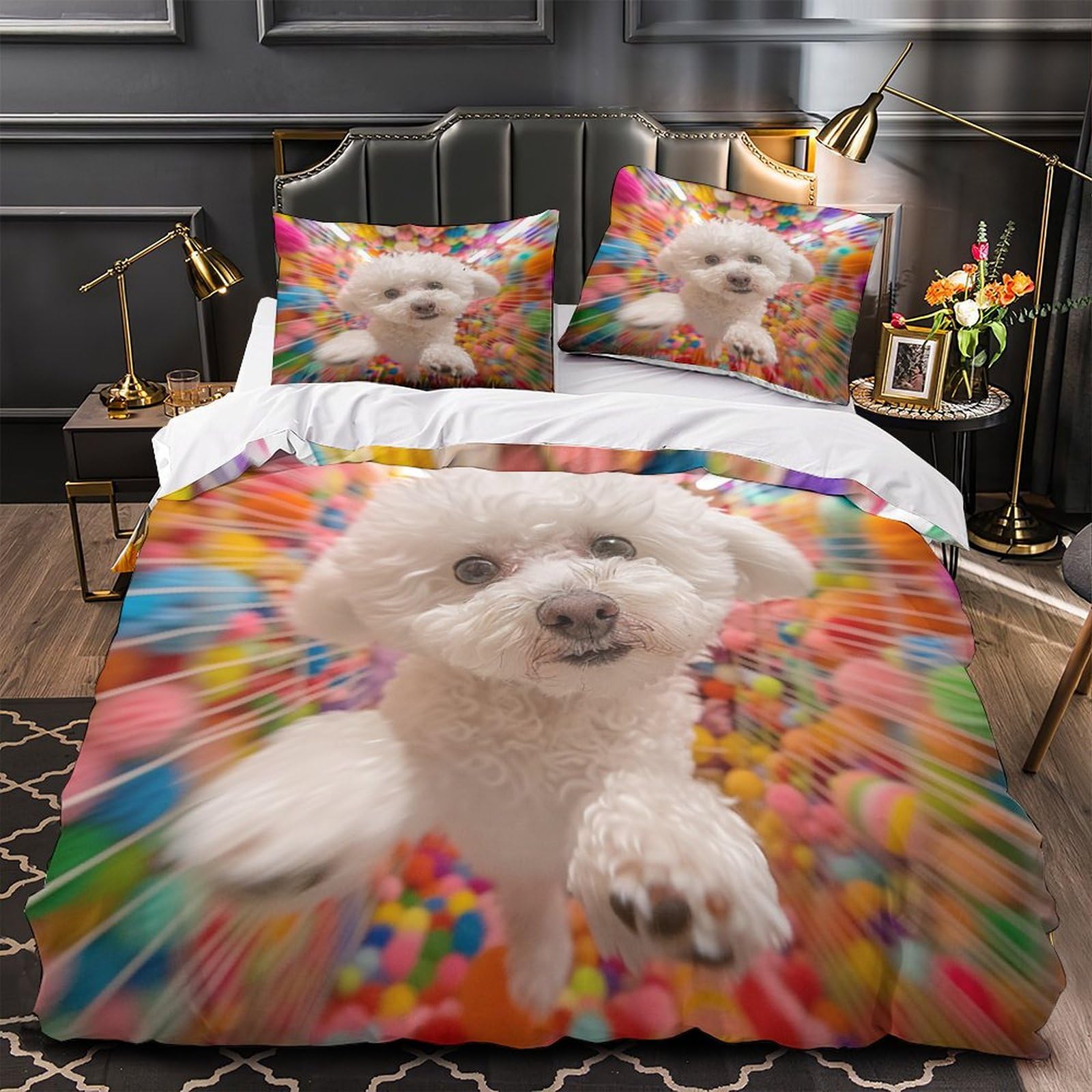 THUBDYEA Bichon Frise 3D PrintedTerri Fei Dog Bedding Set Comforter Covers Quilt Cover Duvet Cover with Pillowcases for Childrens and Adults Microfiber 3 Pieces with Zipper Closure Full(203x228cm)