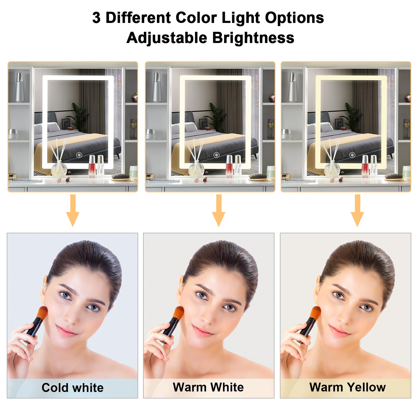 Hikooo Large Makeup Vanity 42" W Dresser with Lights and Mirror, 2 Large Drawer & Six Level Storage Dresser, 3 Color Lighting Modes Adjustable Brightness Bedroom Dressing Table - White