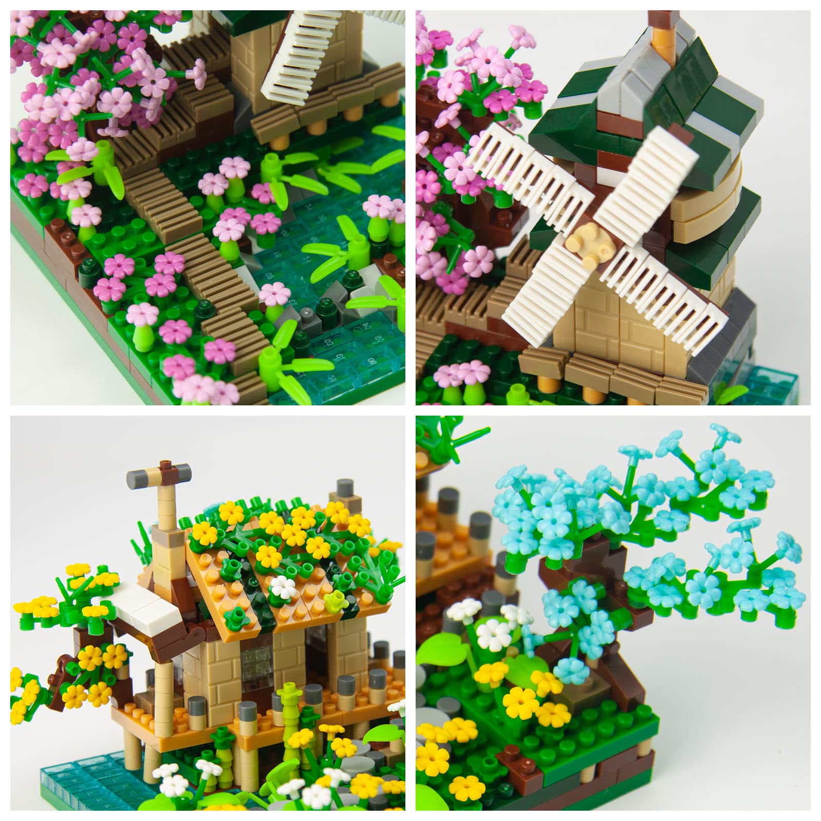 OundarM 2 Sets of Street View Mini Blocks Kit- Cherry Blossom Windmill Bonsai & Cabin Tree Building Blocks Set, Botanical Collection Building Set for Adults, 12+ Teens (1200 Pcs)