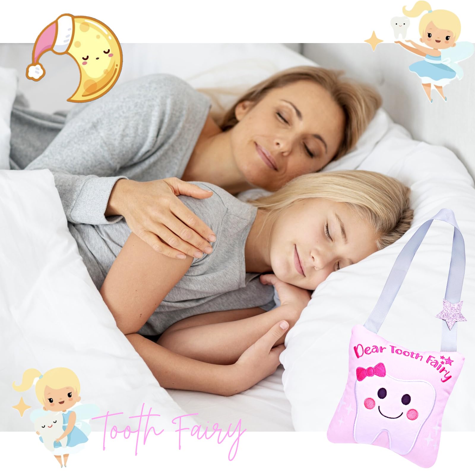 Tooth Fairy Pillow with Pocket for for Girls and Boys Kids,Tooth Keepsake Pouch Tooth Fairy Bag on Back Toothfairy Gift,5.9 x 5.9 inches (Pink)