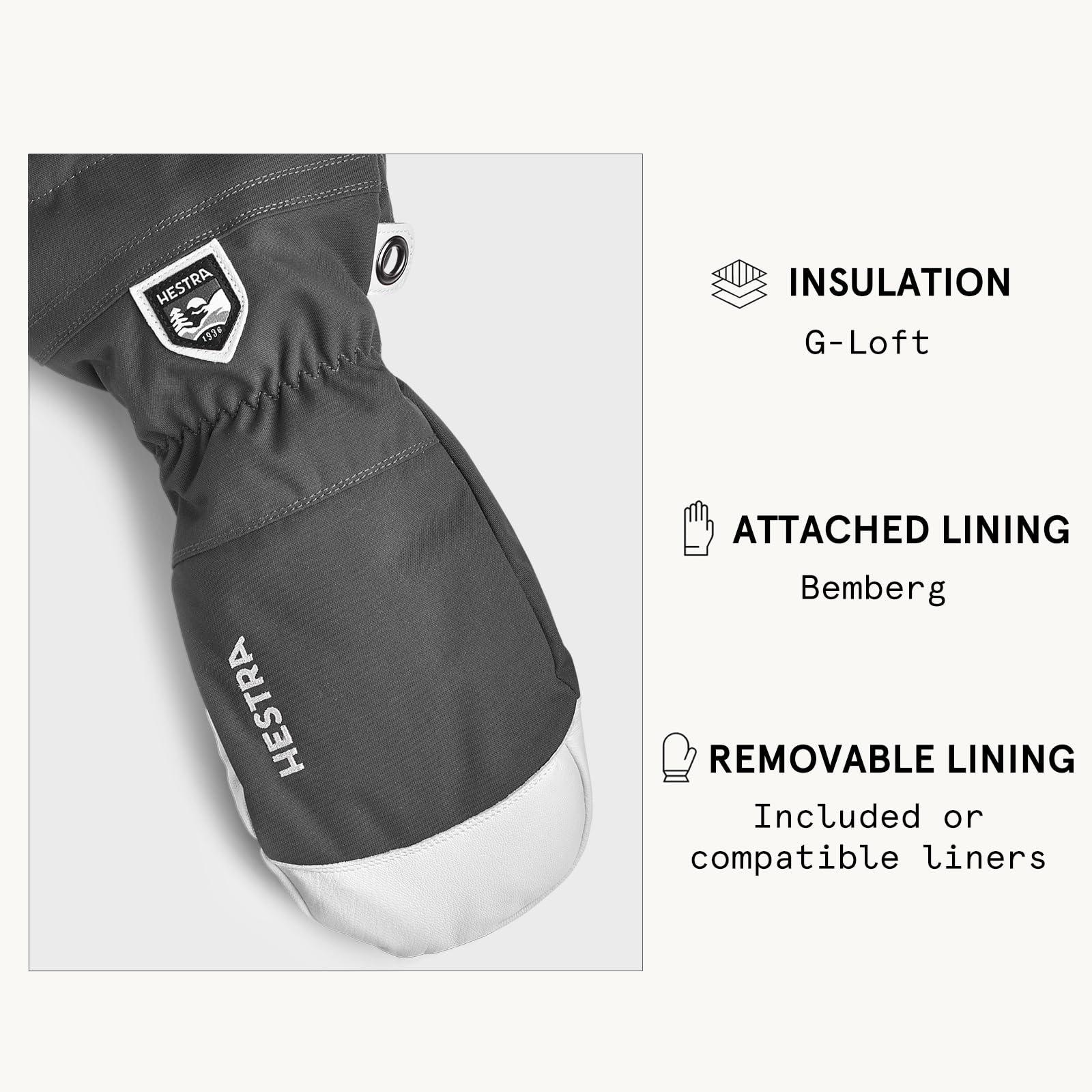 Hestra Army Leather Heli Ski Glove - Classic Snow Mitten for Skiing, Snowboarding and Mountaineering, Grey, 8