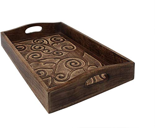 SUNDERSHALA Wooden Decorative Serving Tray, Wooden Tray with Handles Natural Finish, Great for Dinner Trays, Tea Tray, Bar Tray, Breakfast Tray - Hand Carving Creates a Truly Unique Furnishing Accent