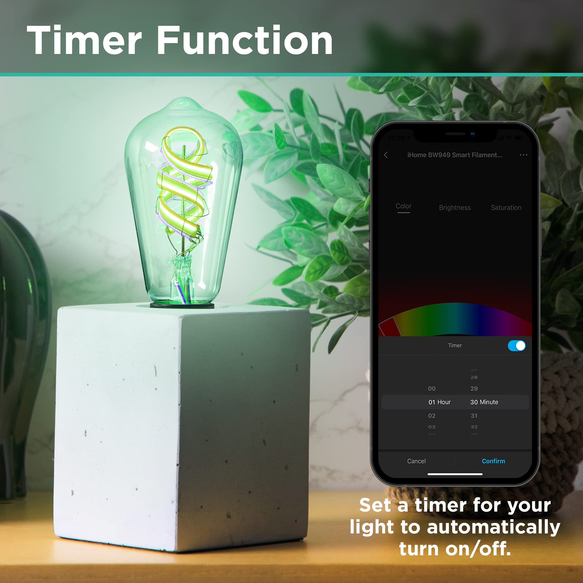 iHome Spectra Smart Spiral Edison RGBW Multicolor LED Light Bulb, ST19/E26, 440 Lumens, 5.5W (40W Equivalent), Tunable and Dimmable Color Changing WiFi Smart Bulb, Works with Alexa and Google Home