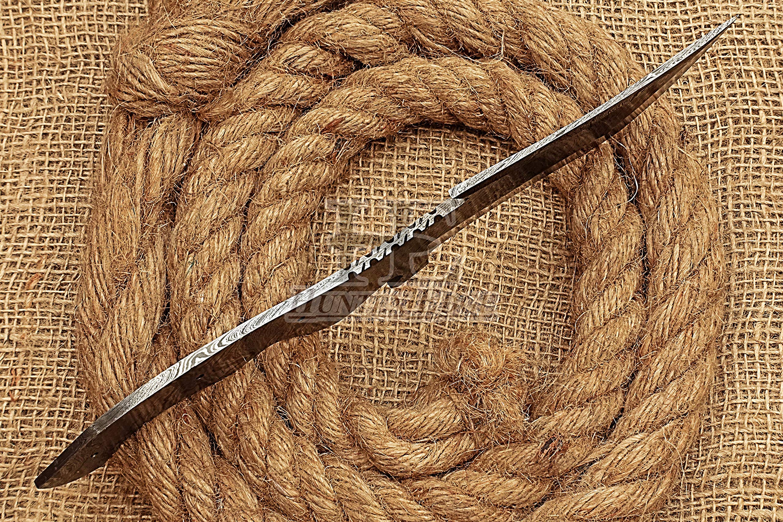 HUNTEX Custom Handmade Hand-Forged Twist Pattern Damascus Steel 10.5 Inch Long Full Tang Razor Sharp Camping Hunting DIY Blank Blade Gut Hook Knife for Knife Making