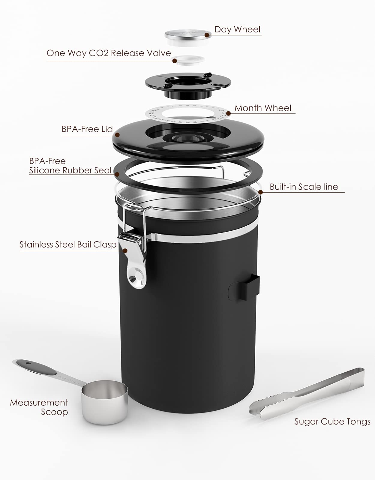 HAIOOU Airtight Coffee Canister, 22OZ Large Stainless Steel Coffee Bean Storage Container with Date Tracker, Measuring Scoop, 6Pcs CO2 Valves and Mini Tongs for Beans, Grounds, Sugar and more - Black