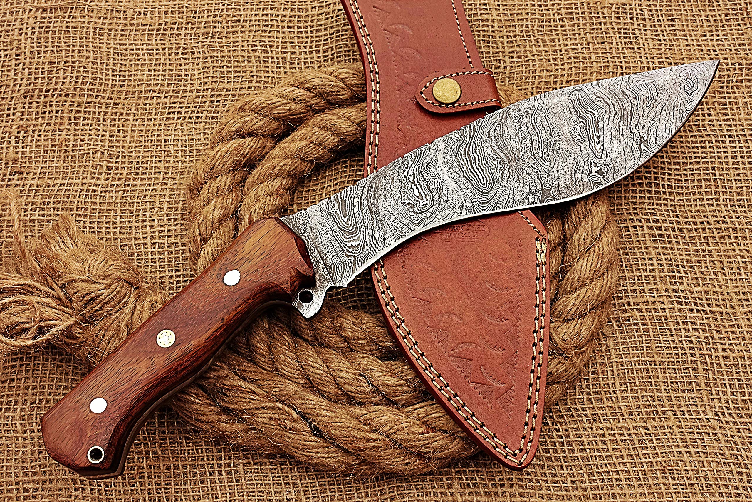 HUNTEX Handmade Hand-Forged Twist Pattern Damascus Steel 15 Inch Long Full Tang Natural Walnut Wood Handle Razor Sharp Hunting Camping Kukri Knife w/Genuine Leather Sheath