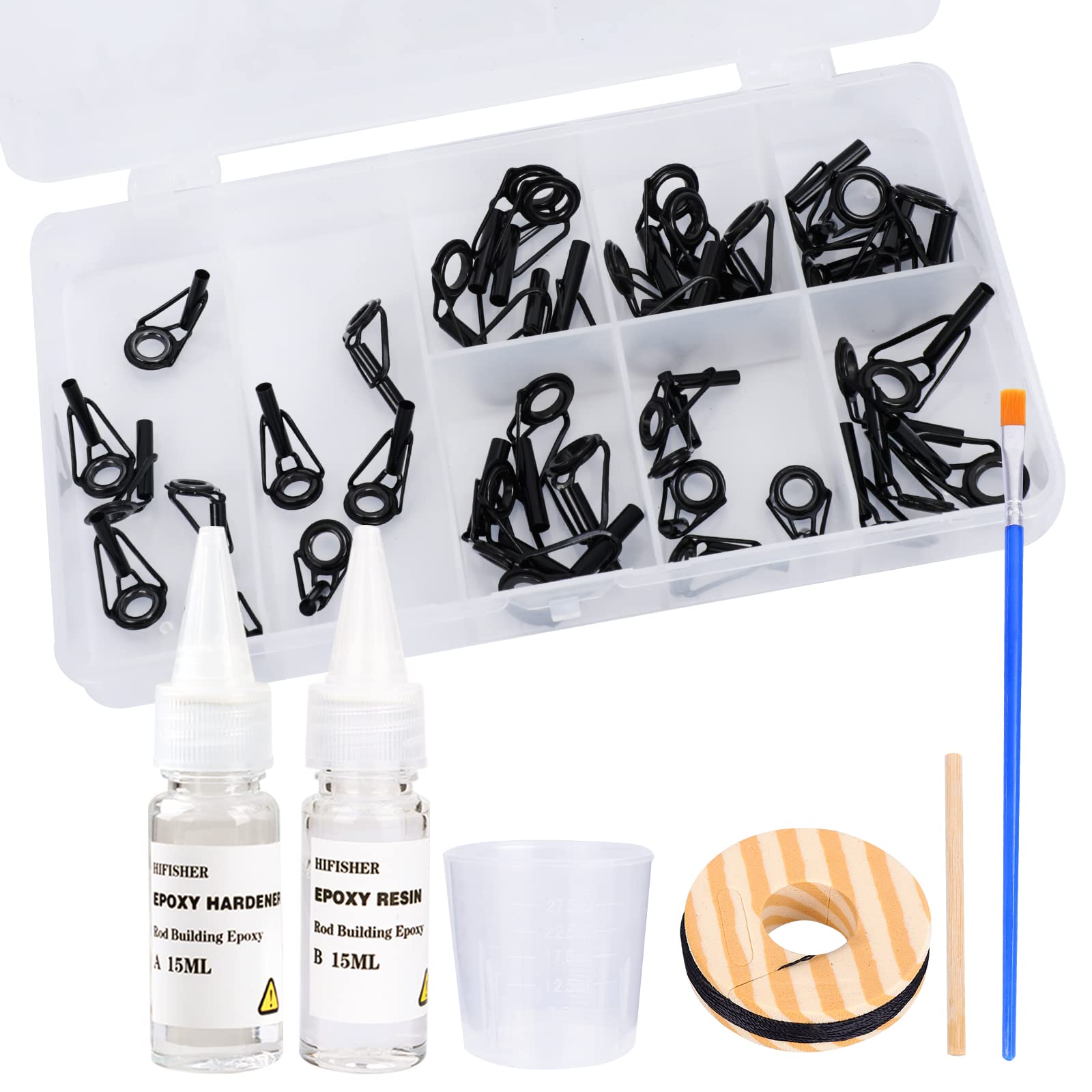 Hifisher Fishing Rod Tip Repair Kit: 40pcs 8 Sizes Top Guides,1oz Epoxy Resin, Brush, Measure Cup, Fishing Rod Guides Replacement kit, Stainless Steel Ceramic Ring Guide Tips