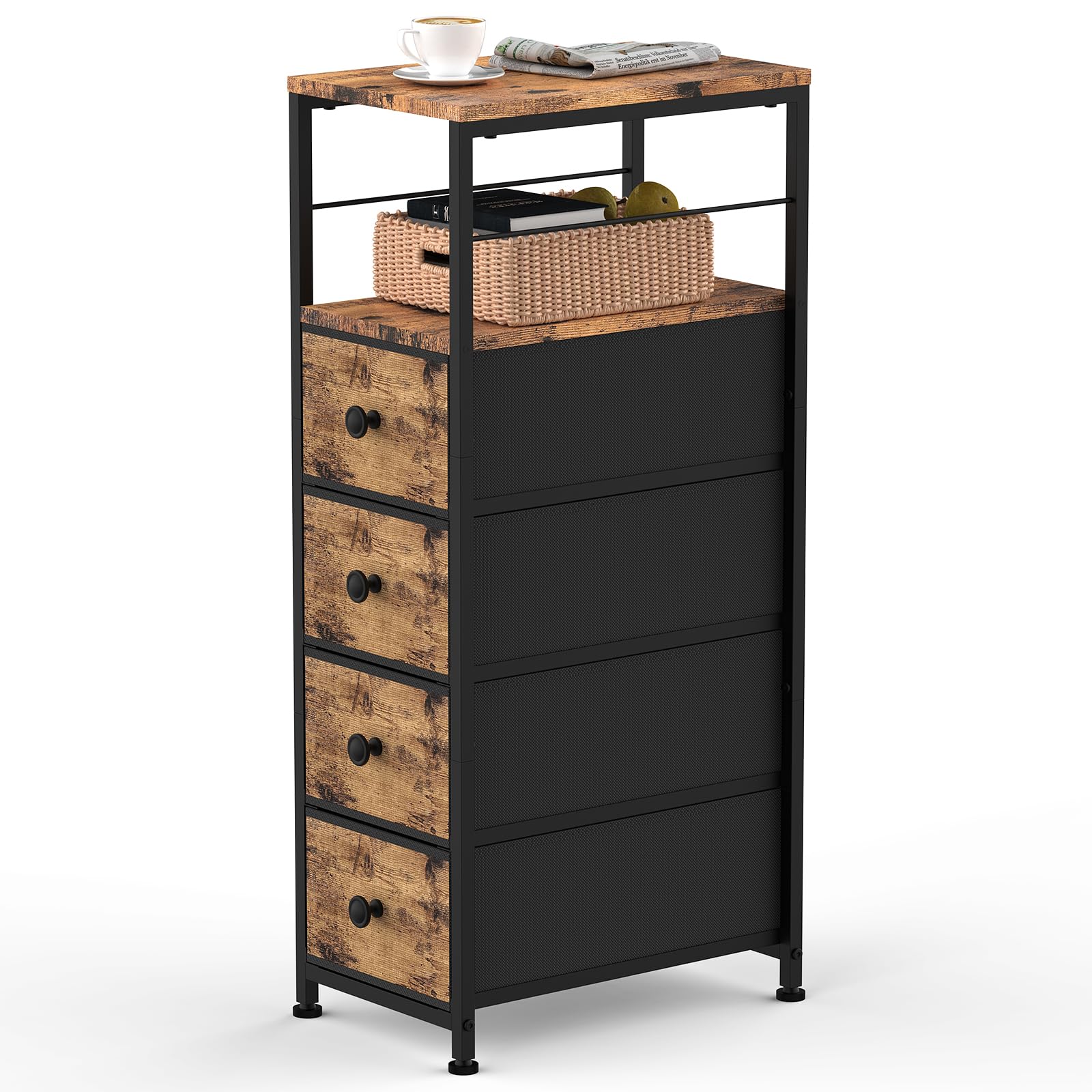 YBING Narrow Side Tables for Small Spaces, Slim Dresser with 4 Fabric Drawers, Small Chest of Drawers, Skinny Nightstand,Wood Brown