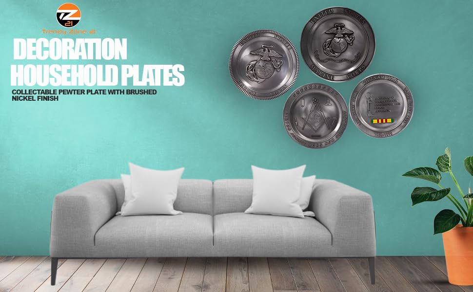 United States Marines Corps (USMC) Licensed Collectable Pewter Plate with Brushed Nickel finish with USMC logo imprinted Decorative with Display Stand Decoration Household Plates| 5.5 x 5.5 x 0.25"