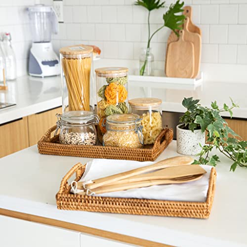 Rattan Decorative Tray with Natural Wood - Coffee Table/Ottoman Tray - Vanity Tray - Fruit Basket - Serving Tray (Small)