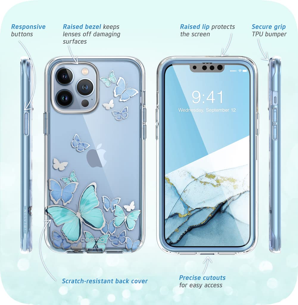 i-Blason for iPhone 13 Pro Case with Built-in Screen Protector, [Full Body Drop Protection] Slim Stylish Women Girl Shockproof Phone Case for iPhone 13 Pro, Cosmo Series, BlueFly