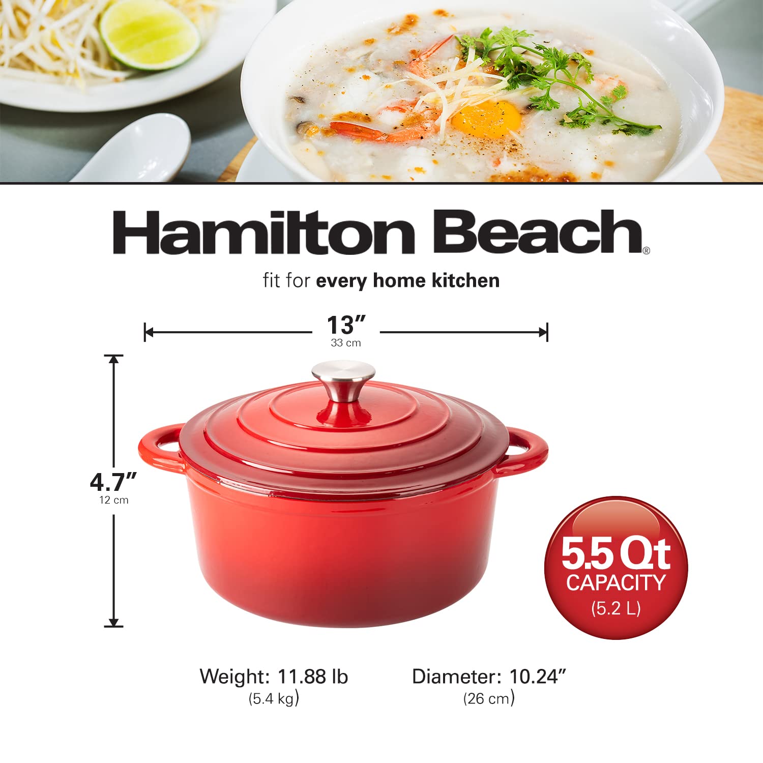 Hamilton Beach Enameled Cast Iron Dutch Oven 5.5-Quart Red, Cream Enamel Dutch Oven Pot with Lid