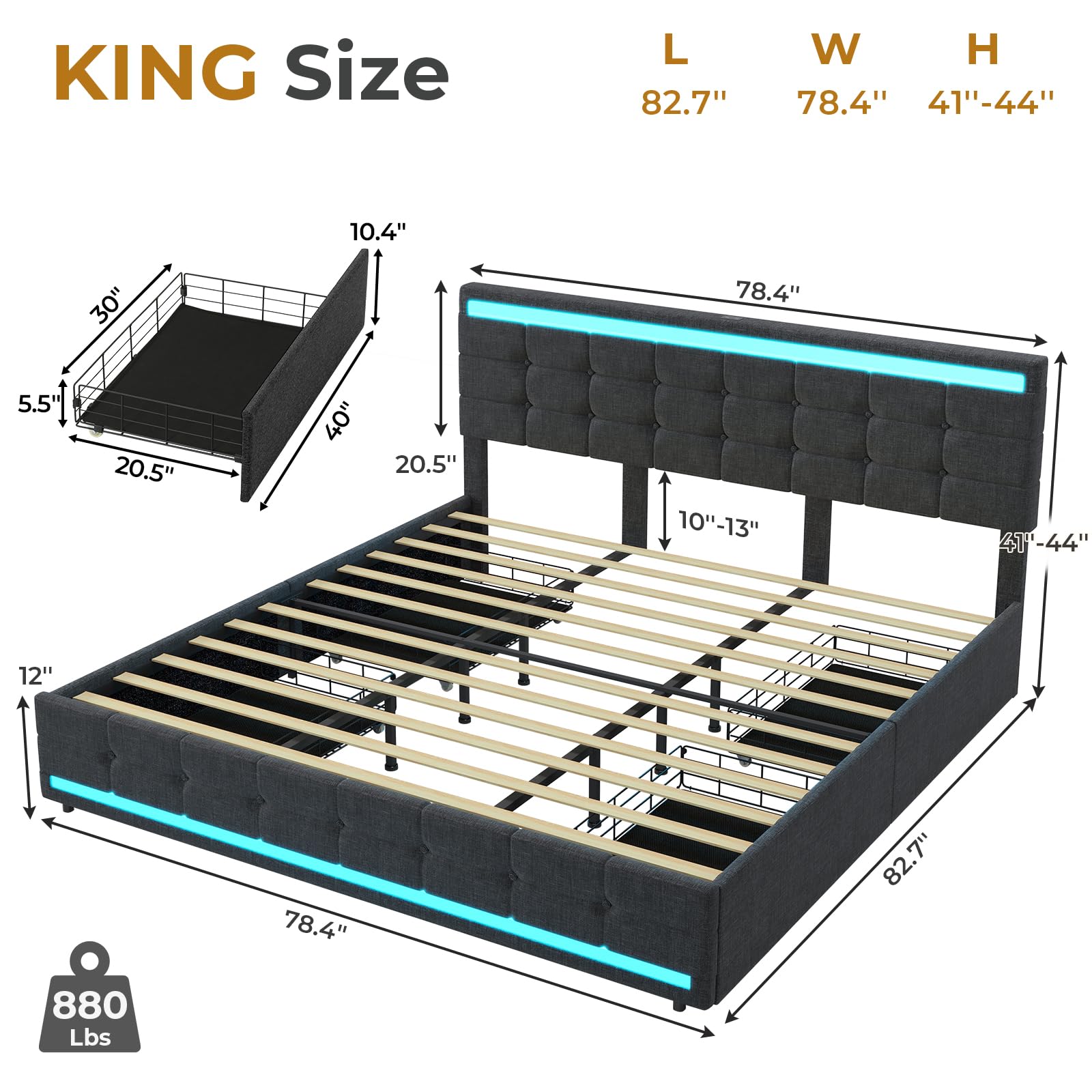 HAUOMS King Size LED Bed Frame and Headboard, Upholstered King Platform Bed Frame with Storage Drawers,2 USB Charging Station,Upgraded 2-Row Support Bars, No Box Spring Needed, Dark Grey
