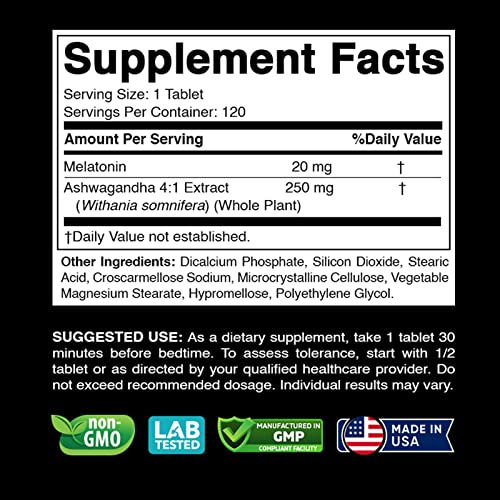 Vitabod Melatonin 20mg with Ashwagandha 4:1 Extract 250mg, Calm Mood & Antioxidant Action, 120 Tablets