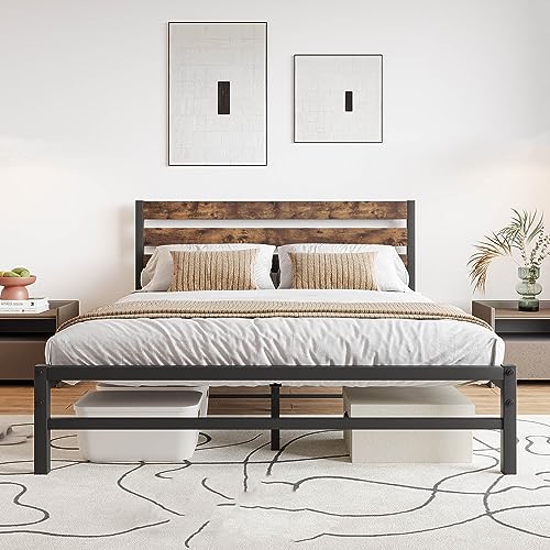 Queen Size Metal Platform Bed Frame with Rustic Vintage Wood Headboard, Strong Metal Slats Support,82" Black Bed Frame,Mattress Foundation with Storage Space,No Box Spring Needed