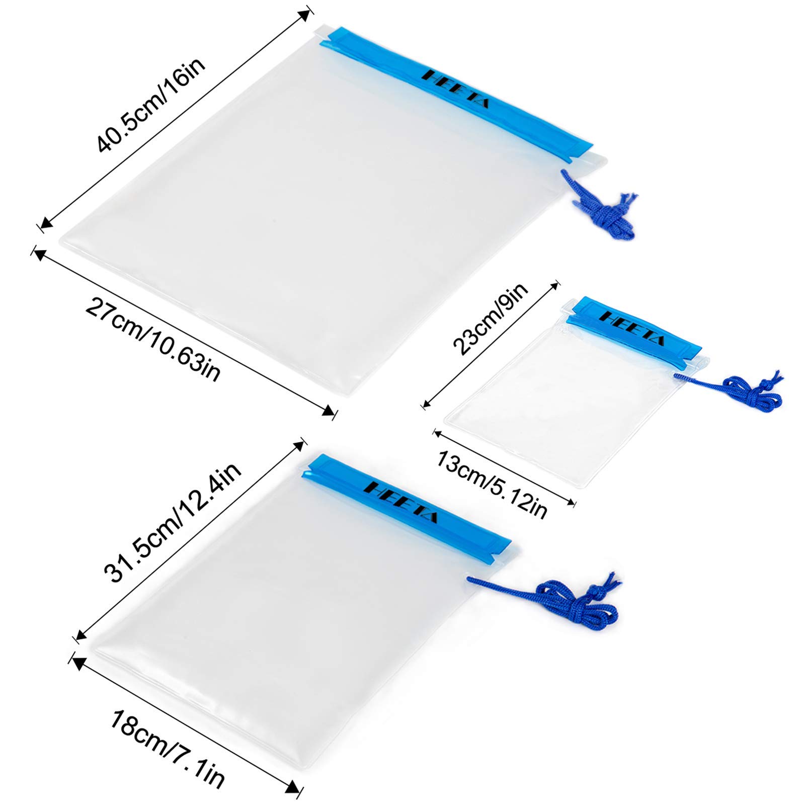 HEETA 2-Pack Waterproof Pouch with Waist Strap, Transparent Screen Touchable Dry Bag Bundle with 3-Pack Clear Waterproof Dry Bag