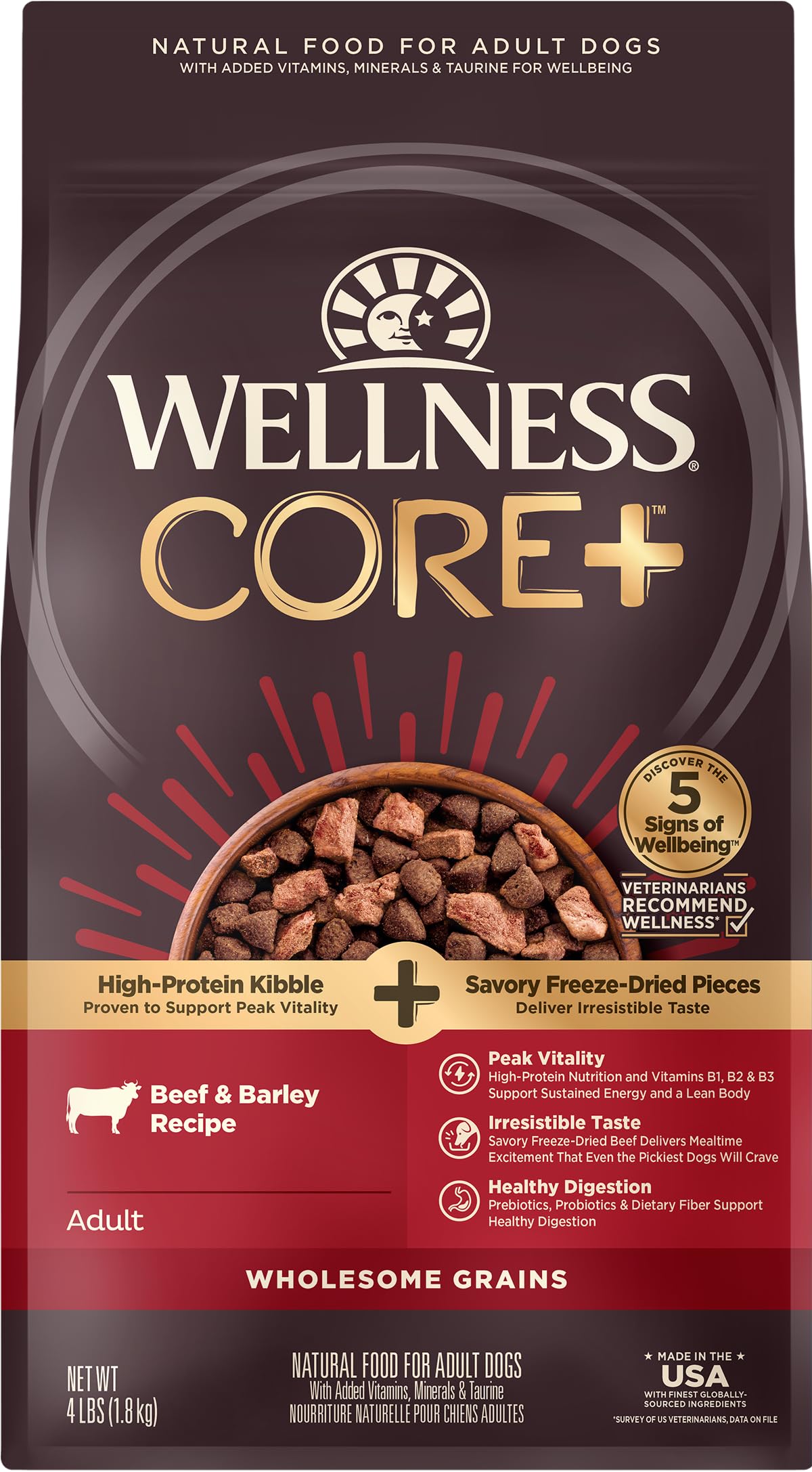 Wellness CORE+ (Formerly RawRev) Grained Dry Dog Food, Beef & Barley Recipe, 4 Pound Bag