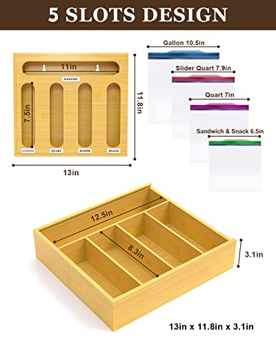 VenDotbi Bag Storage Organizer, Bamboo baggie organizer with Slider, Suitable for Kitchens and Countertop to Storage Gallon, Quart, Sandwich & Snack Bags and other Size Bag Organizer-Natural
