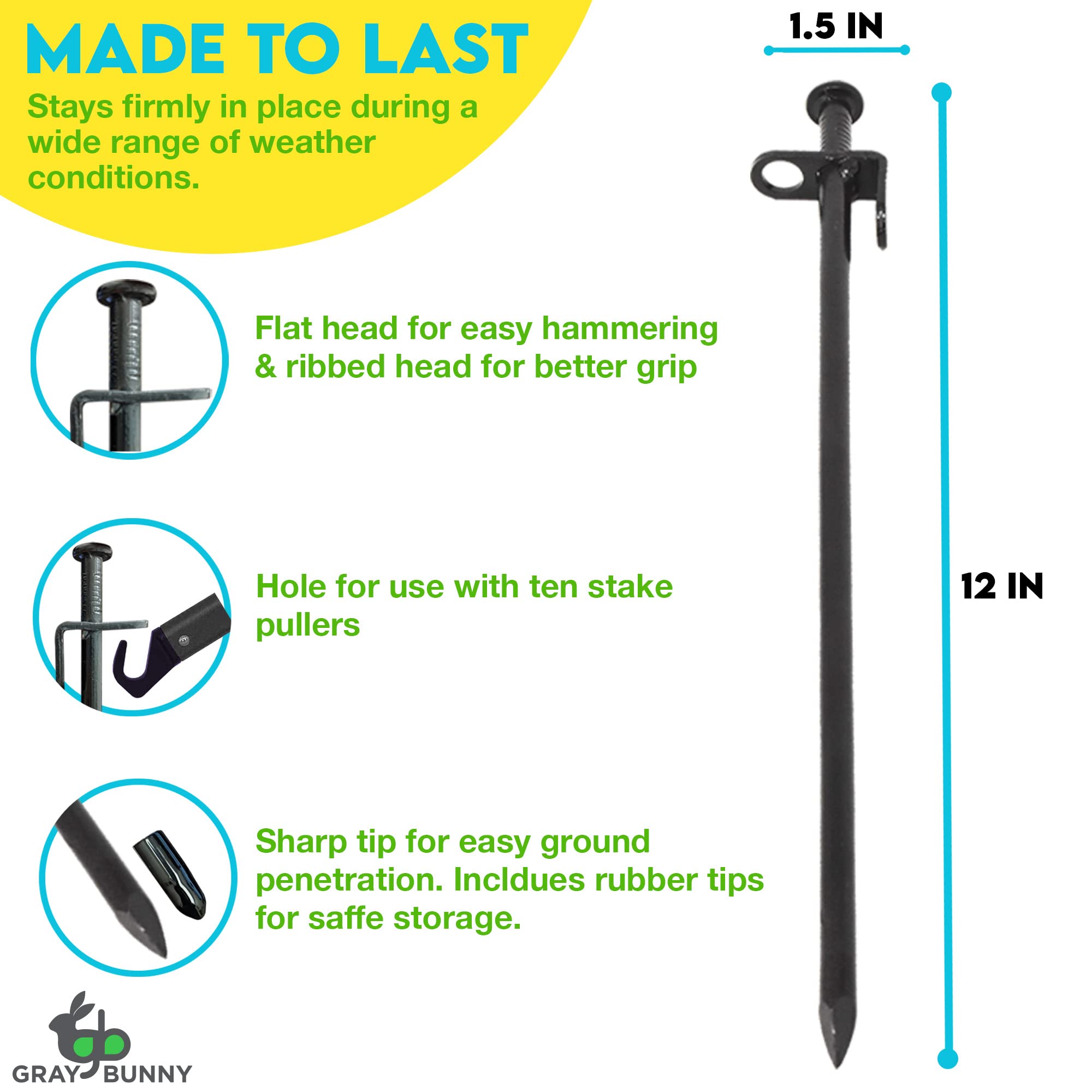 Heavy Duty Iron Tent Stakes, Set of 12, 12 in Long, Solid Steel Tent Stakes for Nailing Large Tents, Canopies, Tarps, For Camping, Hiking, Backpacking