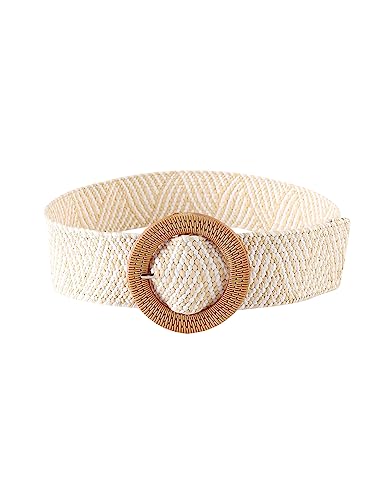 Verdusa Women's Round Buckle Elastic Straw Belts Boho Waist Belt Black White Beige 80