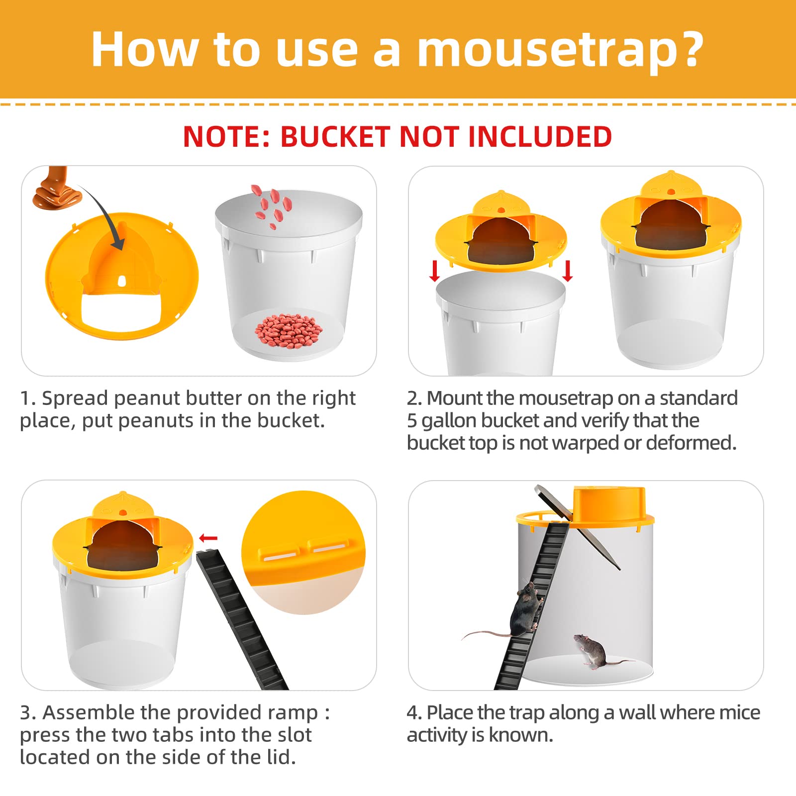 OZZEVO 5 Gallon Mouse Trap Bucket, Rat Trap, Mouse Traps Indoor, Lid Mouse Trap 5 Gallon, Slip and Slide Rat Traps, Humane Mouse Trap for Indoor and Outdoor, Auto Reset, Reusable Yellow (Pack of 2)