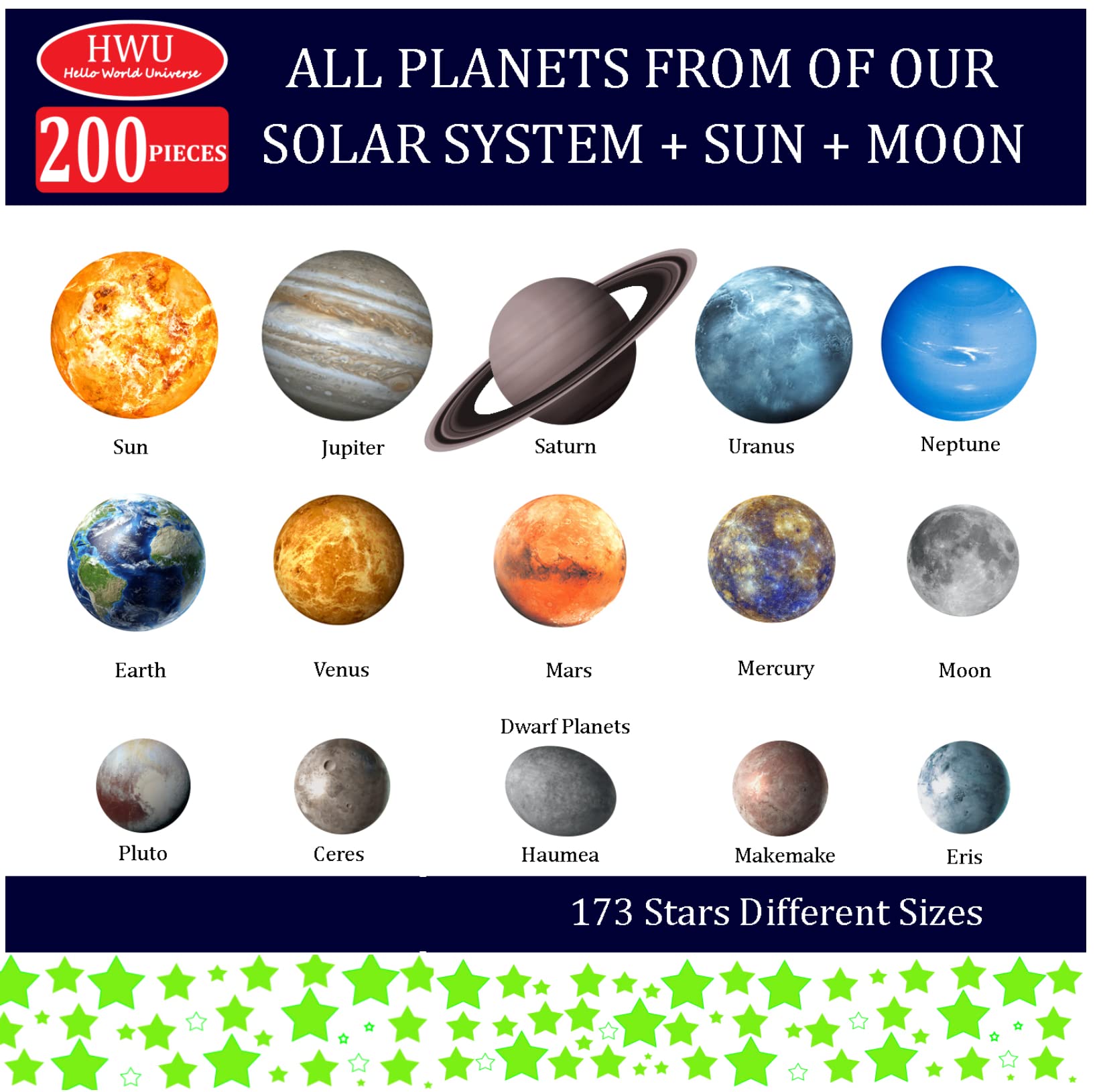 Hello World 200pcs Glow in The Dark Stars and Planets, Bright Solar System Wall Stickers, All Glowing 15 Planets Dwarf Pluto Moon Sun 173 Stars, 12 Shooting Stars 4 Rockets, Ceiling Wall Decals