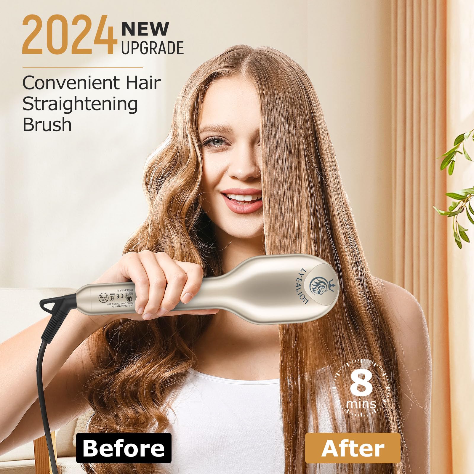 Hair Straightener Brush Ceramic | Negative Ionic Ring Straightening Comb | Natural Hairstyles Heat Brush Dual Voltage Fast Heat-Up with Dense Bristles, 4 Temps, Anti-Scald & Auto-Off