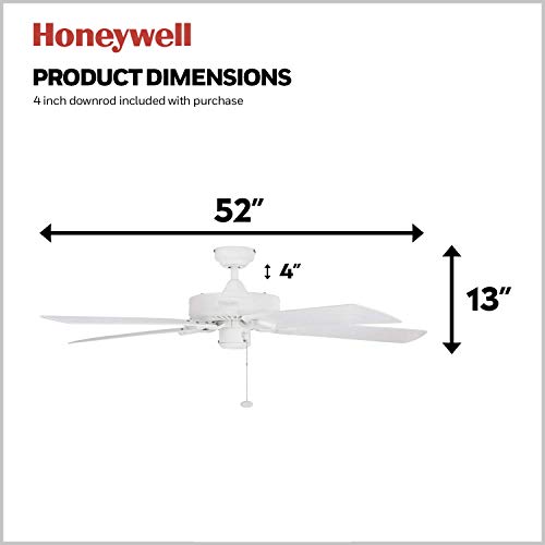 Honeywell Ceiling Fans Belmar, 52 Inch Traditional Indoor Outdoor LED Ceiling Fan with No Light, Pull Chain, Three Mounting Options, ETL Wet Rated, Reversible Motor - 50198-01 (White)