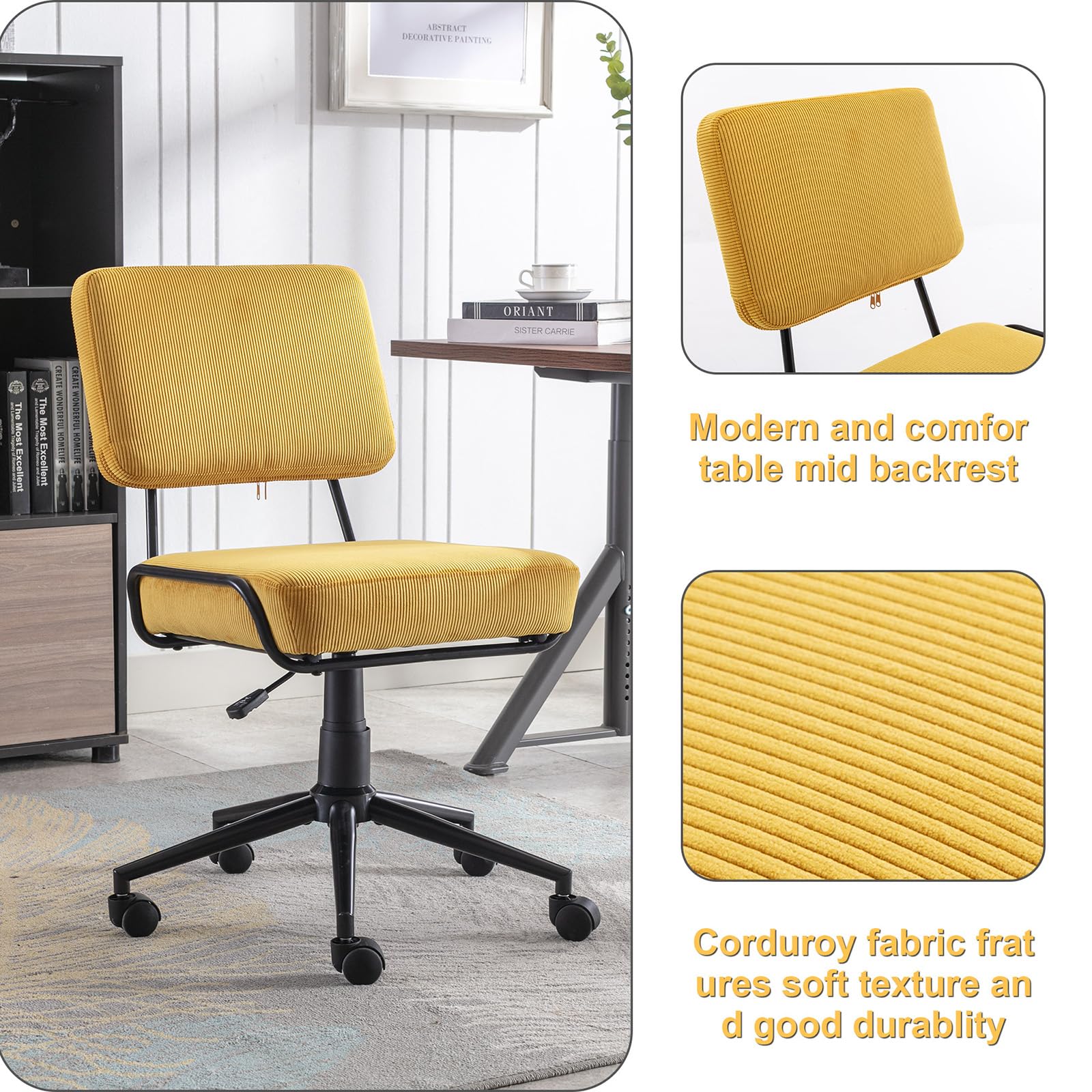 HEAVYSEVEN Office Desk Chair, Modern Corduroy Office Chair, Adjustable Swivel Home Task Chair, Mid-Back Cute Upholstered Armless Computer Chair with Wheels for Bedroom Studying Room Vanity Room