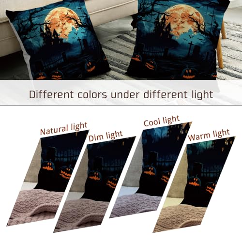Halloween Moon Pillow Covers Pumpkin Ghost Moon Cute Washable Couch Decorative Pack of 2 Soft Linen Pillow Covers Living Room Bedroom Dorm,Blue,18x18 Inch